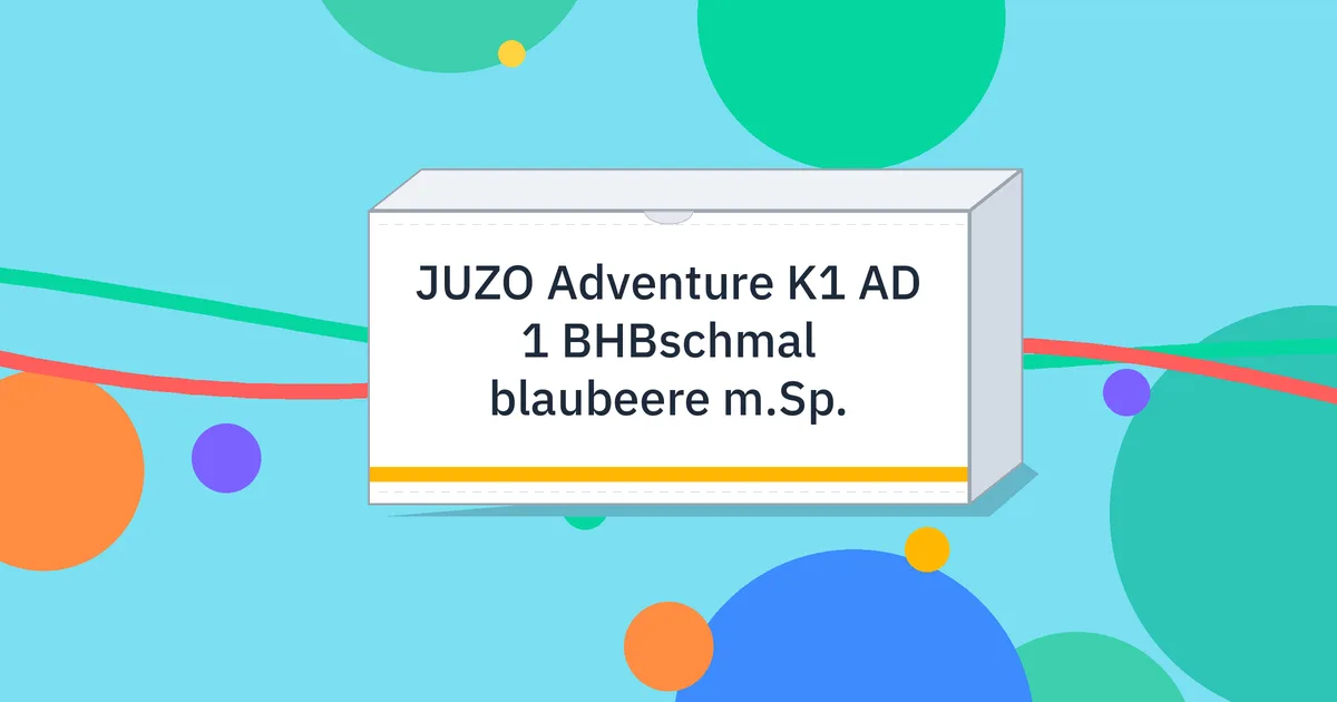 Symbolbild: Packung mit der Aufschrift JUZO Adventure K1 AD 1 BHBschmal blaubeere m.Sp. (PZN 16345333) – Verfügbarkeit und Bezug in Apotheken in Frankfurt am Main