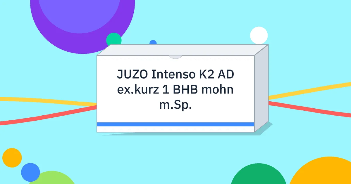 Symbolbild: Packung mit der Aufschrift JUZO Intenso K2 AD ex.kurz 1 BHB mohn m.Sp. (PZN 18615280) – Verfügbarkeit und Bezug in Apotheken in Frankfurt am Main