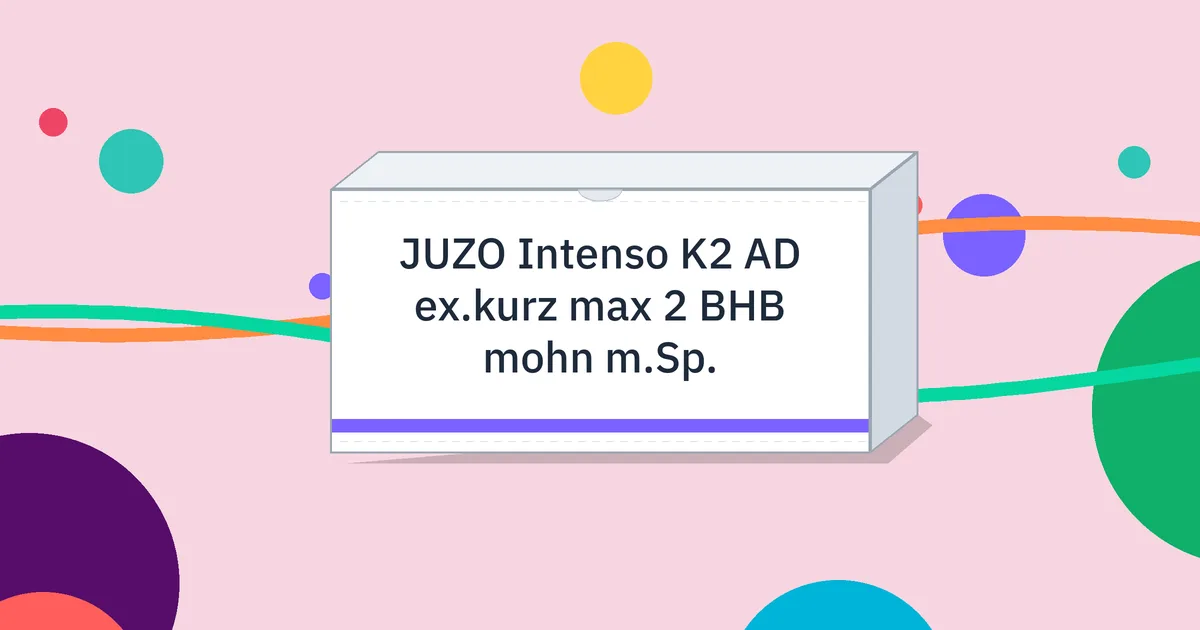 Symbolbild: Packung mit der Aufschrift JUZO Intenso K2 AD ex.kurz max 2 BHB mohn m.Sp. (PZN 18614116) – Verfügbarkeit und Bezug in Apotheken in Frankfurt am Main