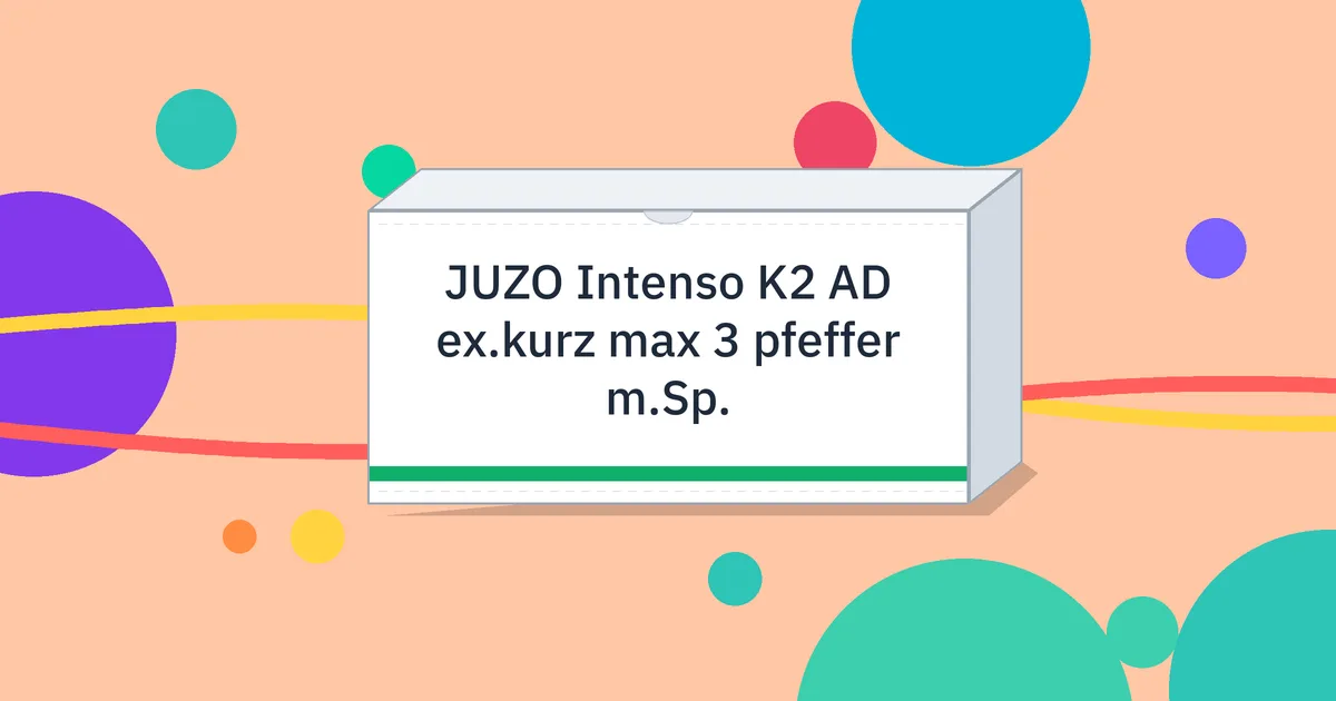 Symbolbild: Packung mit der Aufschrift JUZO Intenso K2 AD ex.kurz max 3 pfeffer m.Sp. (PZN 18606654) – Verfügbarkeit und Bezug in Apotheken in Frankfurt am Main