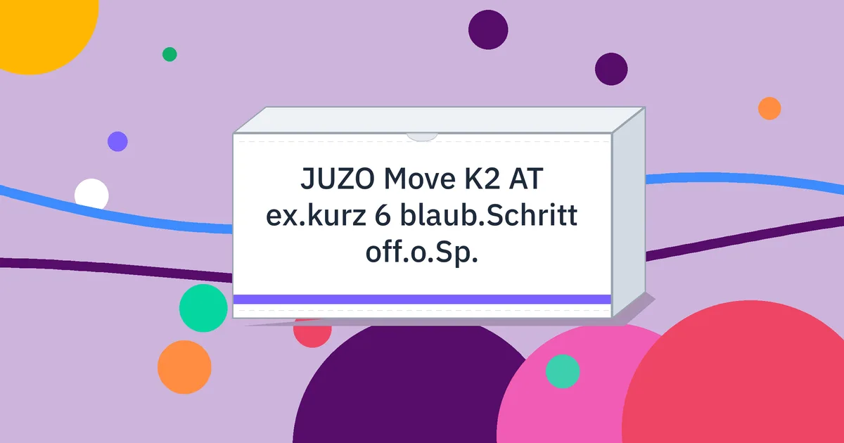 Symbolbild: Packung mit der Aufschrift JUZO Move K2 AT ex.kurz 6 blaub.Schritt off.o.Sp. (PZN 20672902) – Verfügbarkeit und Bezug in Apotheken in Frankfurt am Main