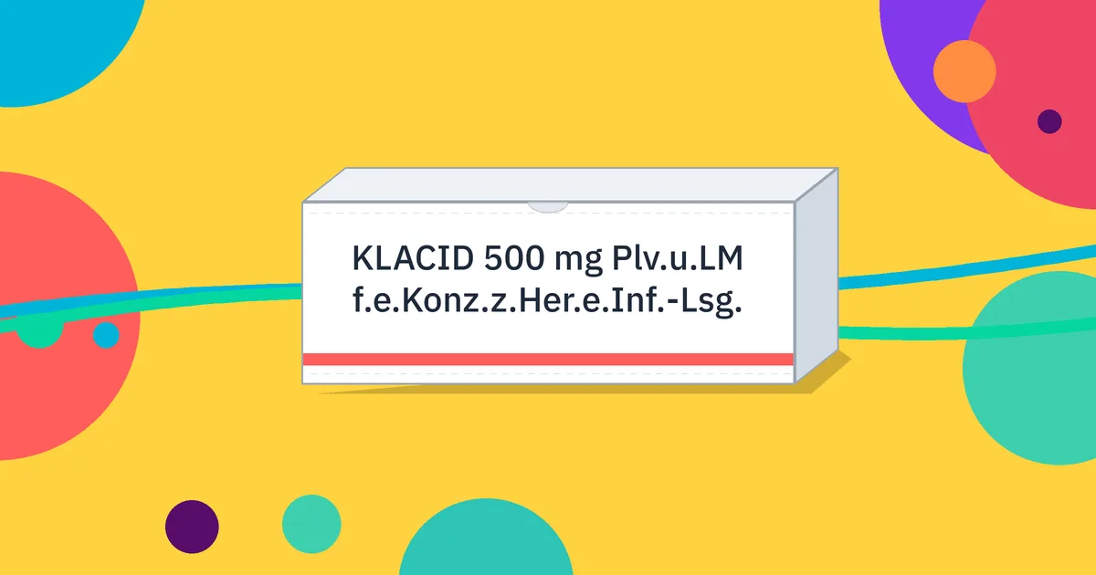 Symbolbild: Packung mit der Aufschrift KLACID 500 mg Plv.u.LM f.e.Konz.z.Her.e.Inf.-Lsg. (PZN 07127778) – Verfügbarkeit und Bezug in Apotheken in Frankfurt am Main