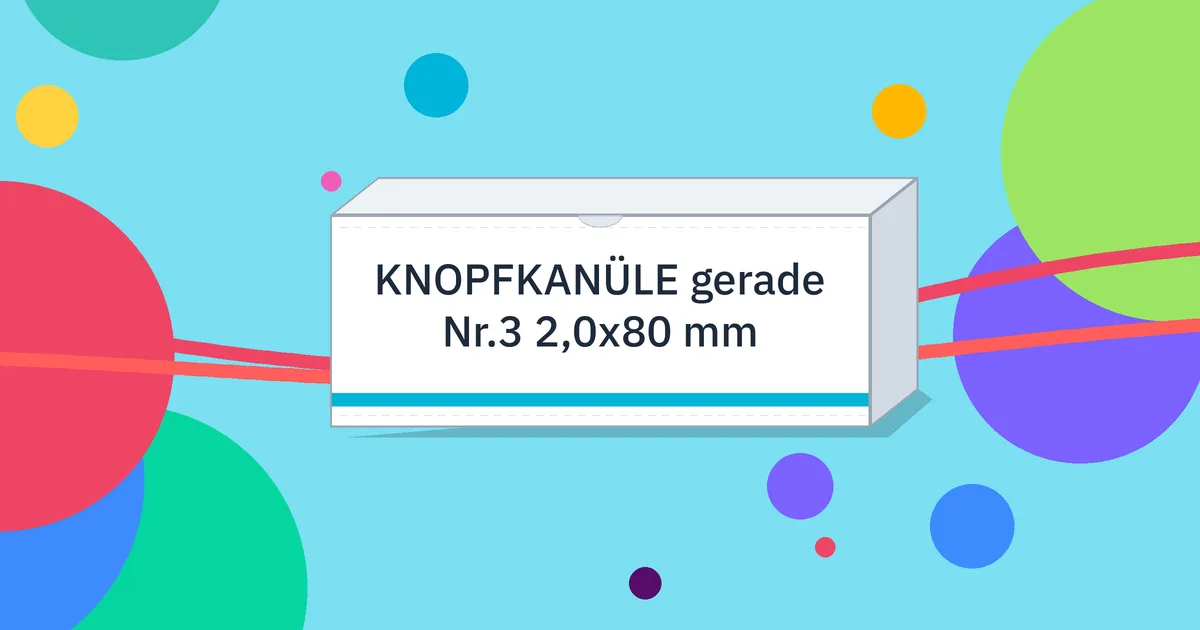 Symbolbild: Packung mit der Aufschrift KNOPFKANÜLE gerade Nr.3 2,0x80 mm (PZN 04917497) – Verfügbarkeit und Bezug in Apotheken in Frankfurt am Main