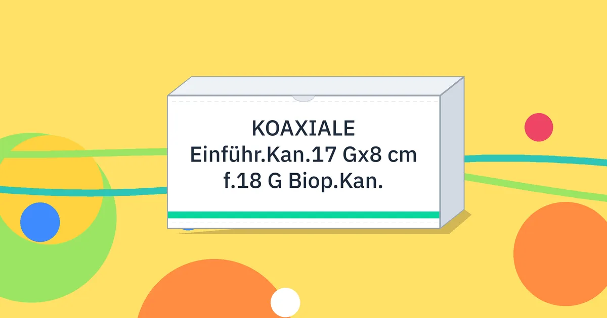 Symbolbild: Packung mit der Aufschrift KOAXIALE Einführ.Kan.17 Gx8 cm f.18 G Biop.Kan. (PZN 06903743) – Verfügbarkeit und Bezug in Apotheken in Frankfurt am Main