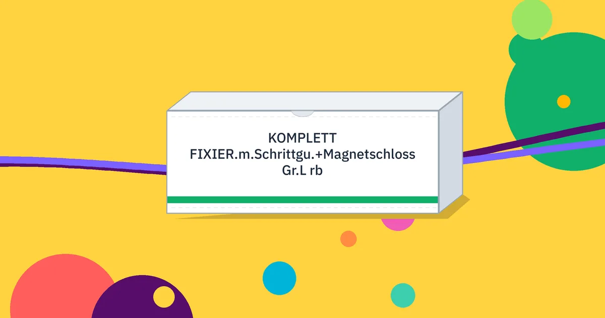 Symbolbild: Packung mit der Aufschrift KOMPLETT FIXIER.m.Schrittgu.+Magnetschloss Gr.L rb (PZN 11573101) – Verfügbarkeit und Bezug in Apotheken in Frankfurt am Main
