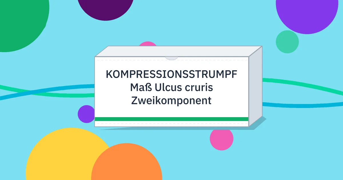 Symbolbild: Packung mit der Aufschrift KOMPRESSIONSSTRUMPF Maß Ulcus cruris Zweikomponent (PZN 14277834) – Verfügbarkeit und Bezug in Apotheken in Frankfurt am Main