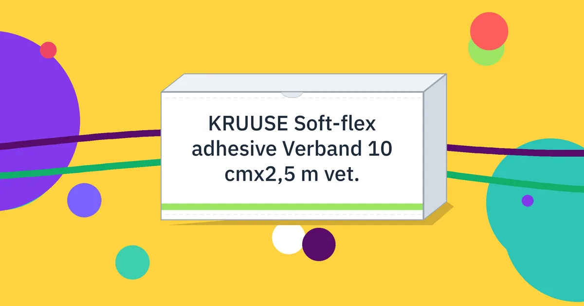 Symbolbild: Packung mit der Aufschrift KRUUSE Soft-flex adhesive Verband 10 cmx2,5 m vet. (PZN 18443577) – Verfügbarkeit und Bezug in Apotheken in Frankfurt am Main