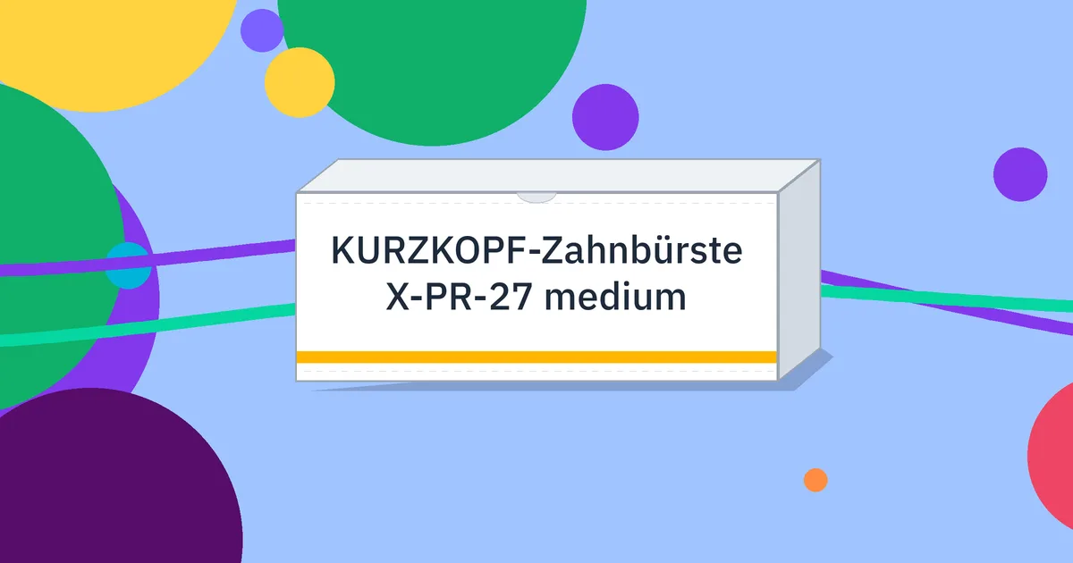 Symbolbild: Packung mit der Aufschrift KURZKOPF-Zahnbürste X-PR-27 medium (PZN 18327285) – Verfügbarkeit und Bezug in Apotheken in Frankfurt am Main