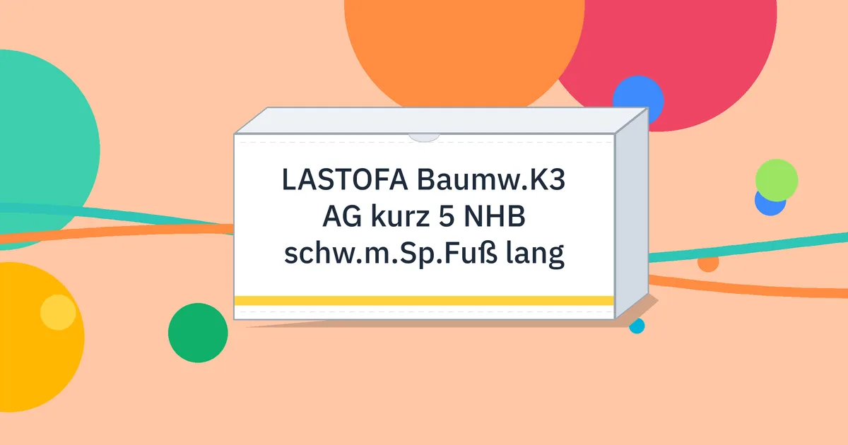 Symbolbild: Packung mit der Aufschrift LASTOFA Baumw.K3 AG kurz 5 NHB schw.m.Sp.Fuß lang (PZN 01955497) – Verfügbarkeit und Bezug in Apotheken in Frankfurt am Main