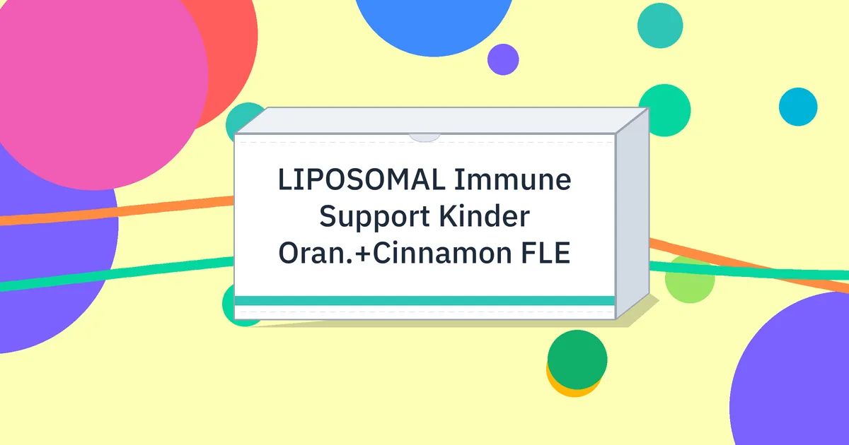Symbolbild: Packung mit der Aufschrift LIPOSOMAL Immune Support Kinder Oran.+Cinnamon FLE (PZN 19407230) – Verfügbarkeit und Bezug in Apotheken in Frankfurt am Main