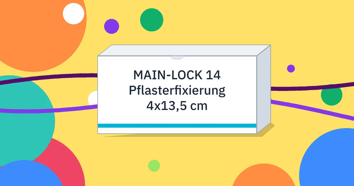 Symbolbild: Packung mit der Aufschrift MAIN-LOCK 14 Pflasterfixierung 4x13,5 cm (PZN 18760183) – Verfügbarkeit und Bezug in Apotheken in Frankfurt am Main