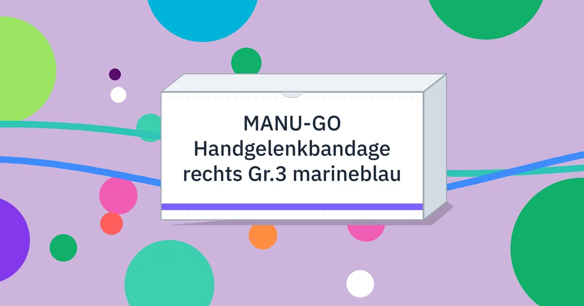 Symbolbild: Packung mit der Aufschrift MANU-GO Handgelenkbandage rechts Gr.3 marineblau (PZN 19742566) – Verfügbarkeit und Bezug in Apotheken in Frankfurt am Main