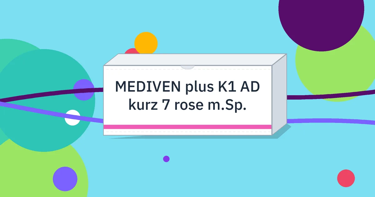 Symbolbild: Packung mit der Aufschrift MEDIVEN plus K1 AD kurz 7 rose m.Sp. (PZN 15044256) – Verfügbarkeit und Bezug in Apotheken in Frankfurt am Main