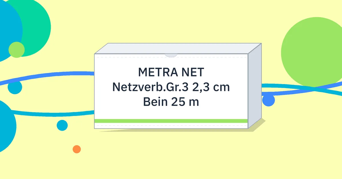 Symbolbild: Packung mit der Aufschrift METRA NET Netzverb.Gr.3 2,3 cm Bein 25 m (PZN 07772473) – Verfügbarkeit und Bezug in Apotheken in Frankfurt am Main
