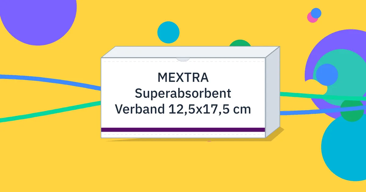 Symbolbild: Packung mit der Aufschrift MEXTRA Superabsorbent Verband 12,5x17,5 cm (PZN 17670147) – Verfügbarkeit und Bezug in Apotheken in Frankfurt am Main