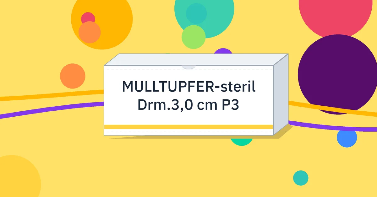 Symbolbild: Packung mit der Aufschrift MULLTUPFER-steril Drm.3,0 cm P3 (PZN 18307087) – Verfügbarkeit und Bezug in Apotheken in Frankfurt am Main