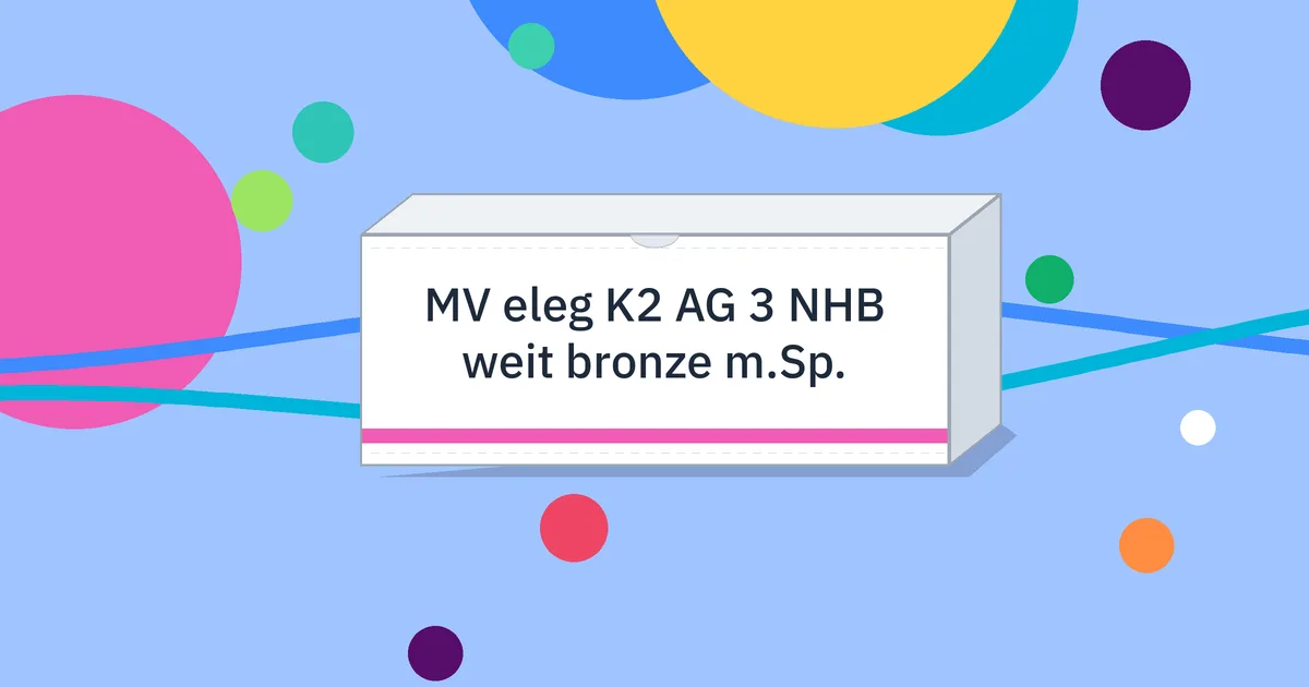 Symbolbild: Packung mit der Aufschrift MV eleg K2 AG 3 NHB weit bronze m.Sp. (PZN 15728931) – Verfügbarkeit und Bezug in Apotheken in Frankfurt am Main