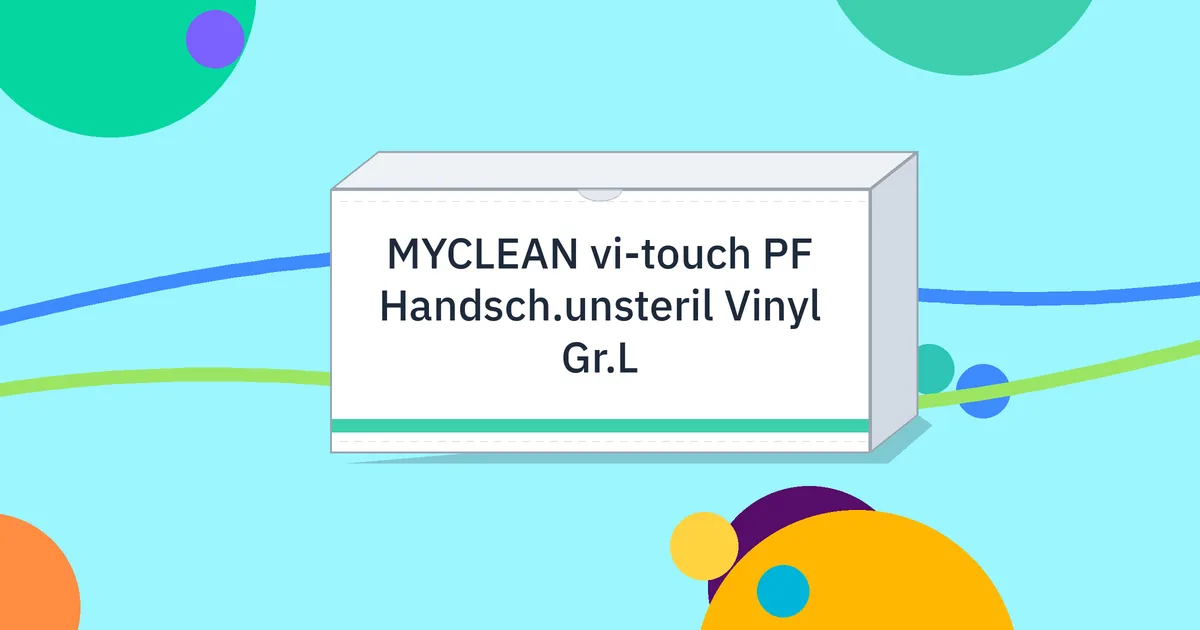 Symbolbild: Packung mit der Aufschrift MYCLEAN vi-touch PF Handsch.unsteril Vinyl Gr.L (PZN 11302709) – Verfügbarkeit und Bezug in Apotheken in Frankfurt am Main