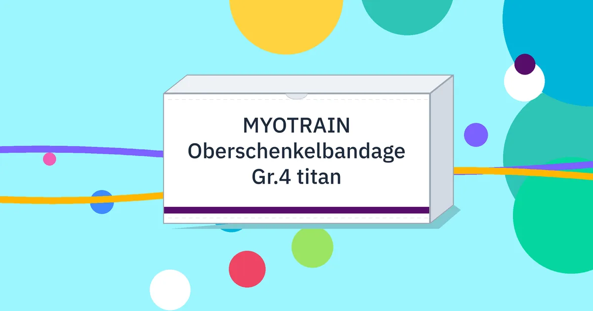 Symbolbild: Packung mit der Aufschrift MYOTRAIN Oberschenkelbandage Gr.4 titan (PZN 03728653) – Verfügbarkeit und Bezug in Apotheken in Frankfurt am Main