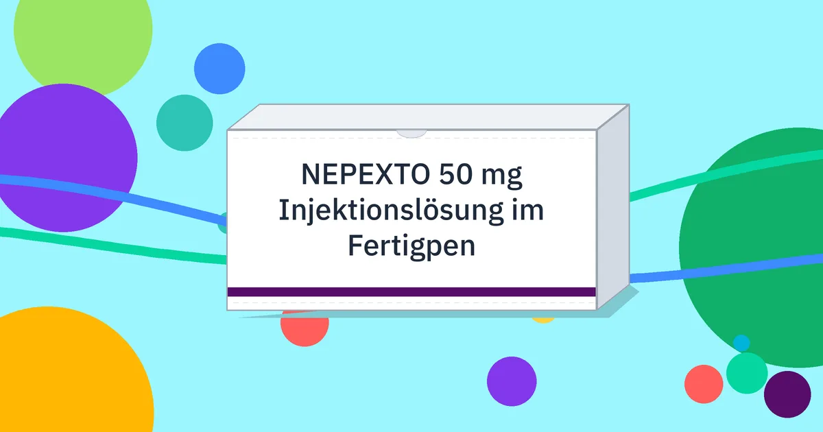 Symbolbild: Packung mit der Aufschrift NEPEXTO 50 mg Injektionslösung im Fertigpen (PZN 15862865) – Verfügbarkeit und Bezug in Apotheken in Frankfurt am Main