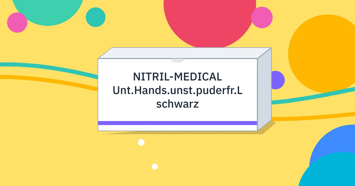 Symbolbild: Packung mit der Aufschrift NITRIL-MEDICAL Unt.Hands.unst.puderfr.L schwarz (PZN 18408428) – Verfügbarkeit und Bezug in Apotheken in Frankfurt am Main