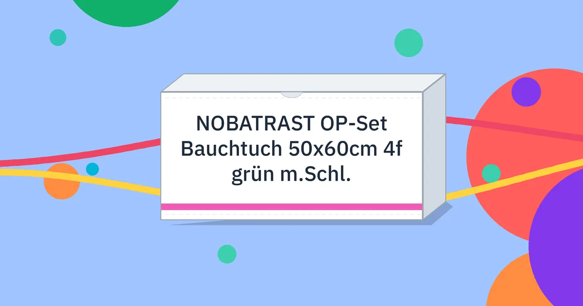 Symbolbild: Packung mit der Aufschrift NOBATRAST OP-Set Bauchtuch 50x60cm 4f grün m.Schl. (PZN 18104450) – Verfügbarkeit und Bezug in Apotheken in Frankfurt am Main