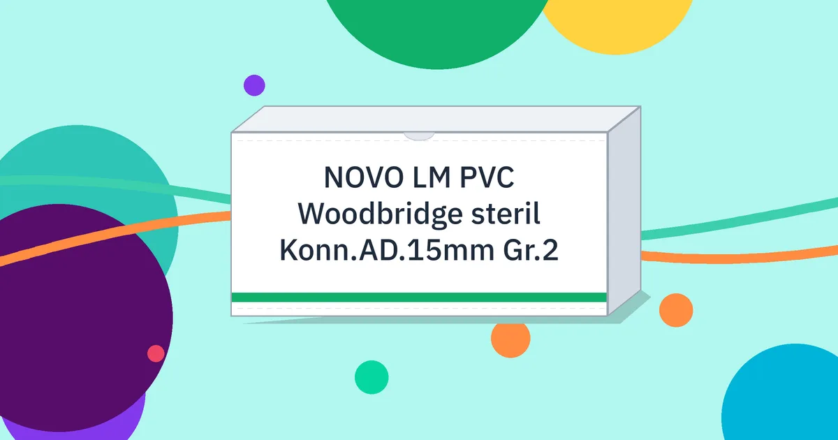 Symbolbild: Packung mit der Aufschrift NOVO LM PVC Woodbridge steril Konn.AD.15mm Gr.2 (PZN 18491754) – Verfügbarkeit und Bezug in Apotheken in Frankfurt am Main