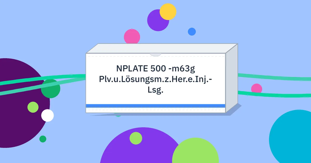 Symbolbild: Packung mit der Aufschrift NPLATE 500 -m63g Plv.u.Lösungsm.z.Her.e.Inj.-Lsg. (PZN 17154948) – Verfügbarkeit und Bezug in Apotheken in Frankfurt am Main