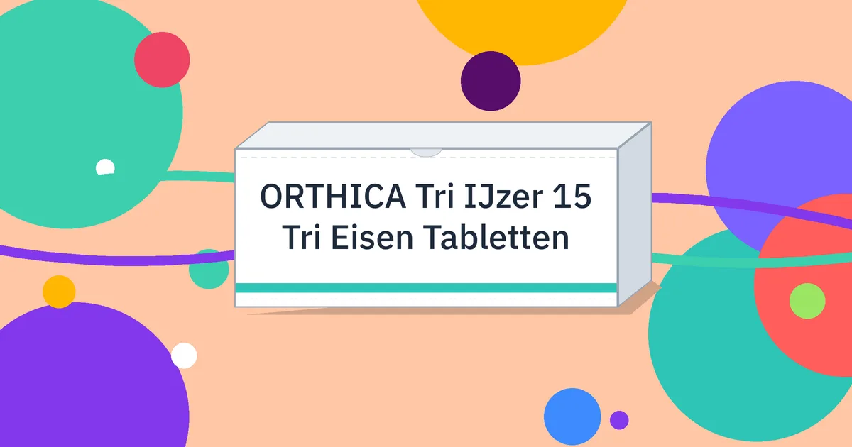 Symbolbild: Packung mit der Aufschrift ORTHICA Tri IJzer 15 Tri Eisen Tabletten (PZN 13860483) – Verfügbarkeit und Bezug in Apotheken in Frankfurt am Main