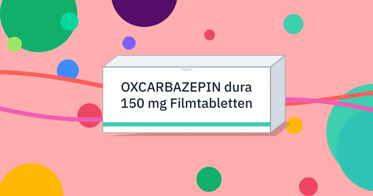 Symbolbild: Packung mit der Aufschrift OXCARBAZEPIN dura 150 mg Filmtabletten (PZN 05048106) – Verfügbarkeit und Bezug in Apotheken in Frankfurt am Main