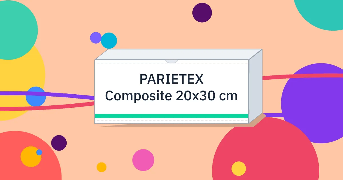 Symbolbild: Packung mit der Aufschrift PARIETEX Composite 20x30 cm (PZN 00229702) – Verfügbarkeit und Bezug in Apotheken in Frankfurt am Main