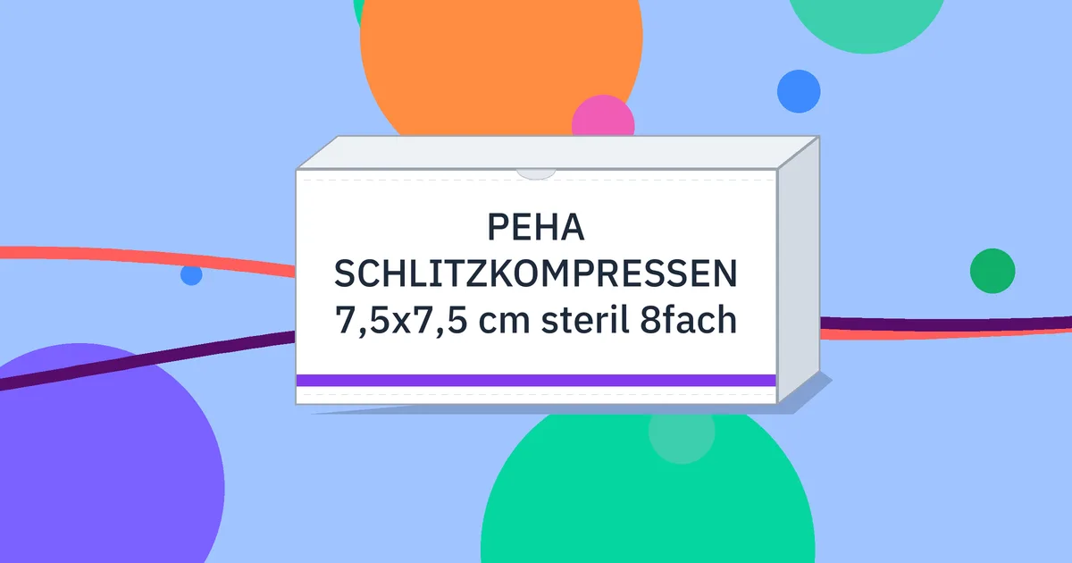 Symbolbild: Packung mit der Aufschrift PEHA SCHLITZKOMPRESSEN 7,5x7,5 cm steril 8fach (PZN 20176178) – Verfügbarkeit und Bezug in Apotheken in Frankfurt am Main