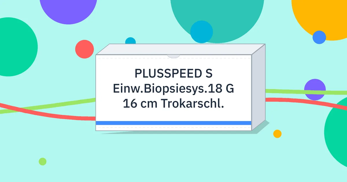 Symbolbild: Packung mit der Aufschrift PLUSSPEED S Einw.Biopsiesys.18 G 16 cm Trokarschl. (PZN 14258334) – Verfügbarkeit und Bezug in Apotheken in Frankfurt am Main