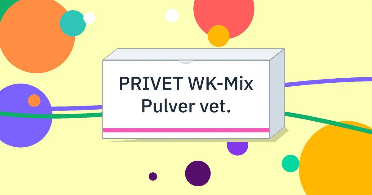 Symbolbild: Packung mit der Aufschrift PRIVET WK-Mix Pulver vet. (PZN 16907038) – Verfügbarkeit und Bezug in Apotheken in Frankfurt am Main