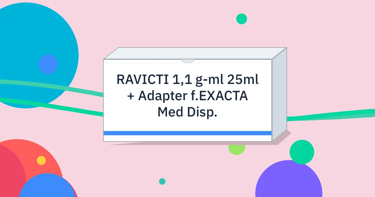Symbolbild: Packung mit der Aufschrift RAVICTI 1,1 g-ml 25ml + Adapter f.EXACTA Med Disp. (PZN 19883752) – Verfügbarkeit und Bezug in Apotheken in Frankfurt am Main