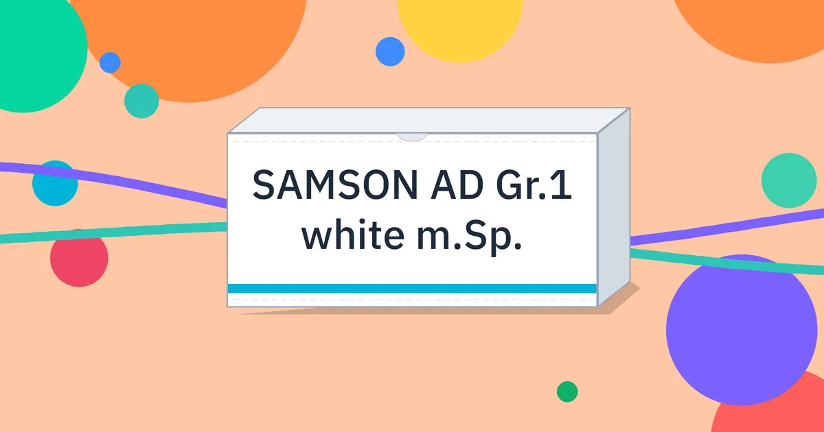 Symbolbild: Packung mit der Aufschrift SAMSON AD Gr.1 white m.Sp. (PZN 14248577) – Verfügbarkeit und Bezug in Apotheken in Frankfurt am Main
