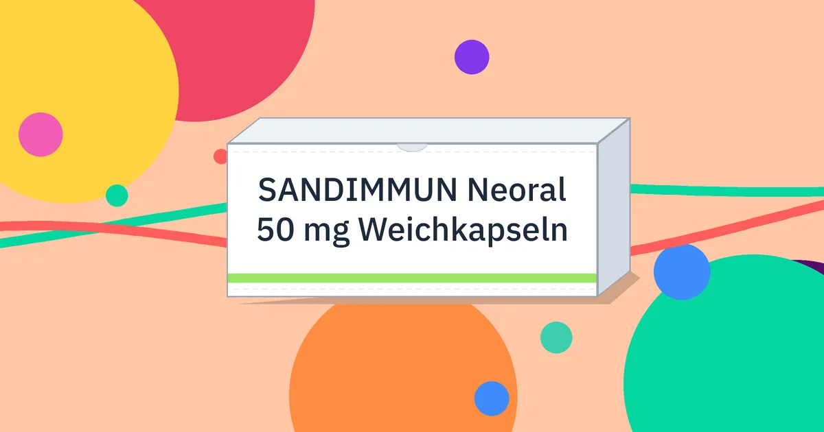 Symbolbild: Packung mit der Aufschrift SANDIMMUN Neoral 50 mg Weichkapseln (PZN 16912602) – Verfügbarkeit und Bezug in Apotheken in Frankfurt am Main
