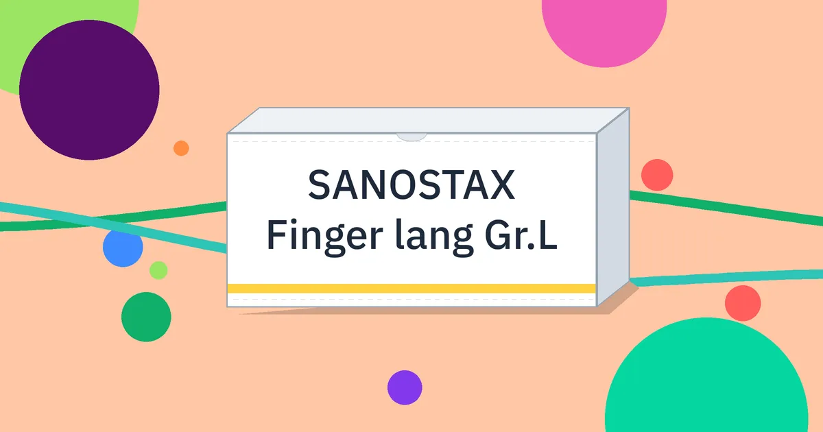 Symbolbild: Packung mit der Aufschrift SANOSTAX Finger lang Gr.L (PZN 12776415) – Verfügbarkeit und Bezug in Apotheken in Frankfurt am Main
