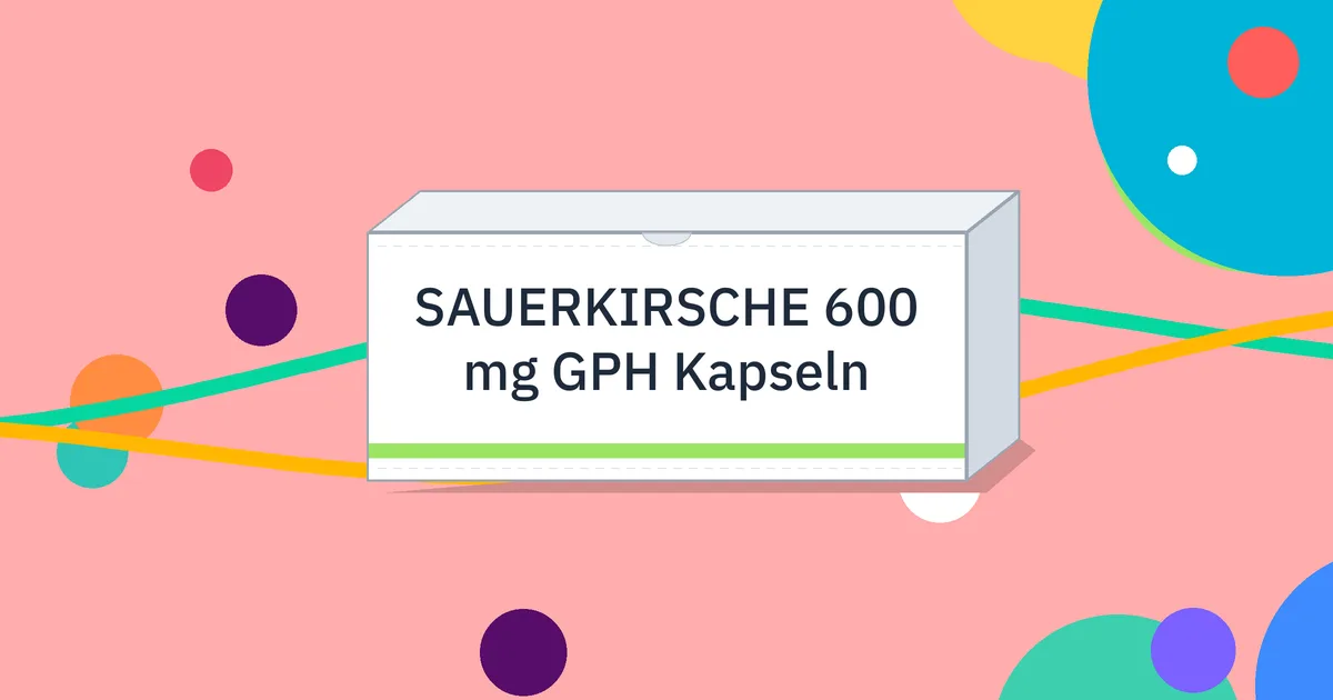 Symbolbild: Packung mit der Aufschrift SAUERKIRSCHE 600 mg GPH Kapseln (PZN 20857211) – Verfügbarkeit und Bezug in Apotheken in Frankfurt am Main