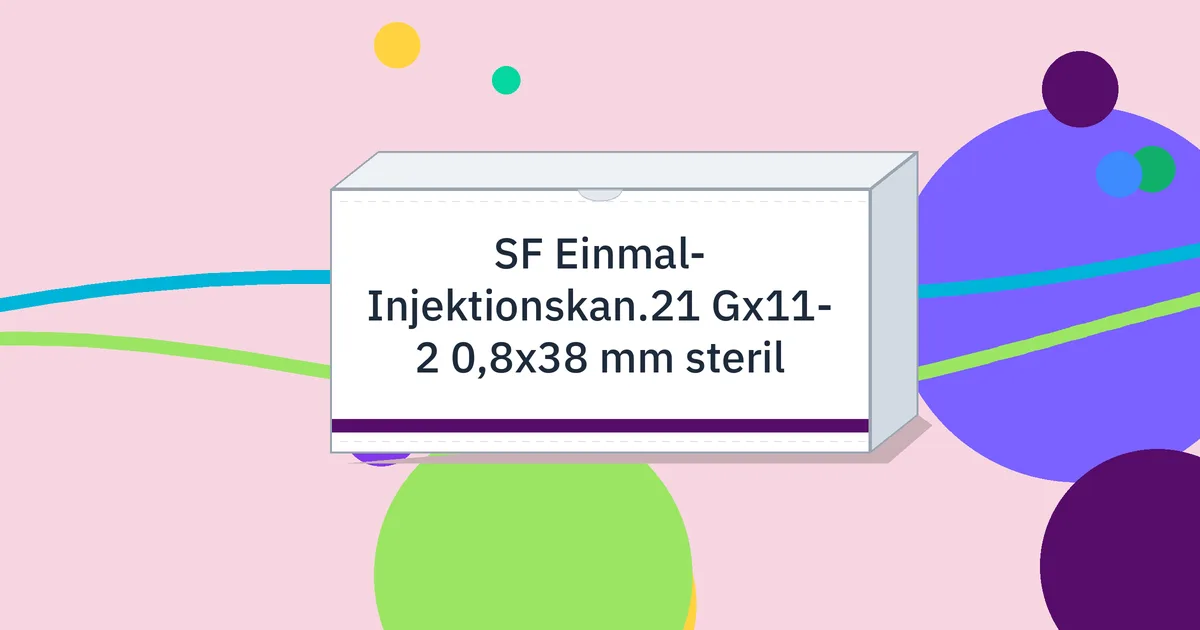 Symbolbild: Packung mit der Aufschrift SF Einmal-Injektionskan.21 Gx11-2 0,8x38 mm steril (PZN 17280736) – Verfügbarkeit und Bezug in Apotheken in Frankfurt am Main