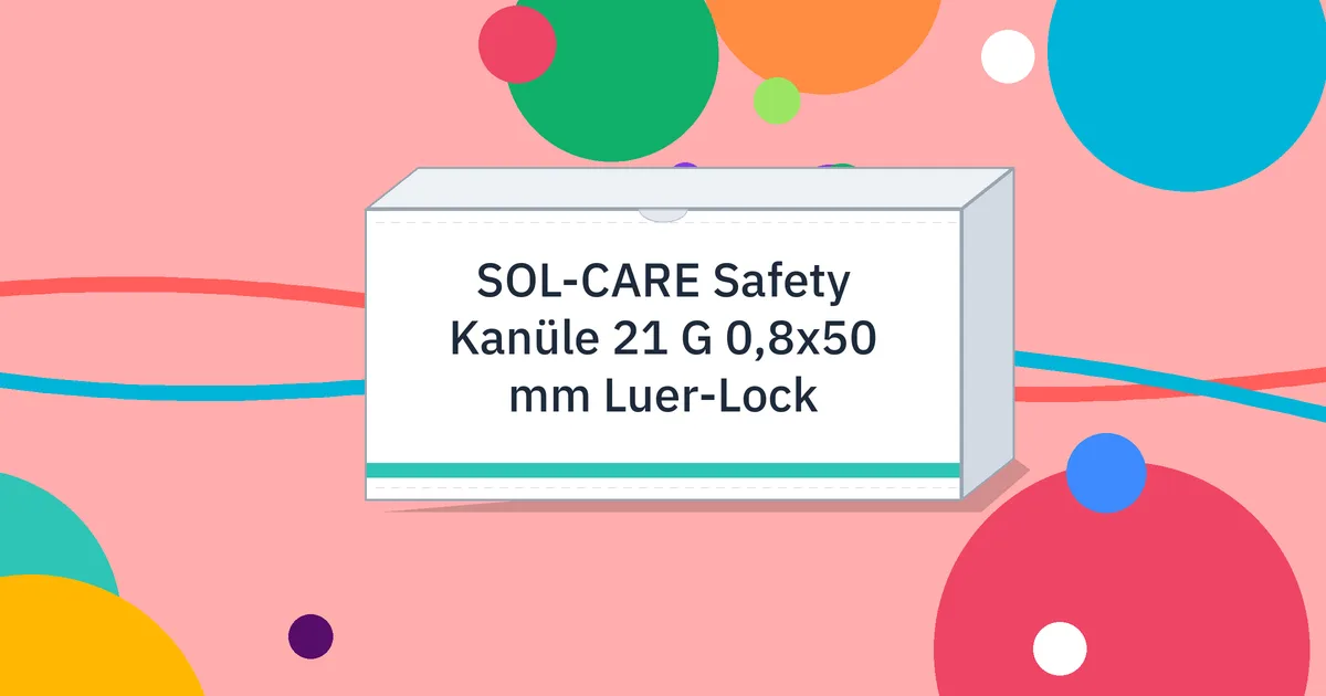 Symbolbild: Packung mit der Aufschrift SOL-CARE Safety Kanüle 21 G 0,8x50 mm Luer-Lock (PZN 20328151) – Verfügbarkeit und Bezug in Apotheken in Frankfurt am Main