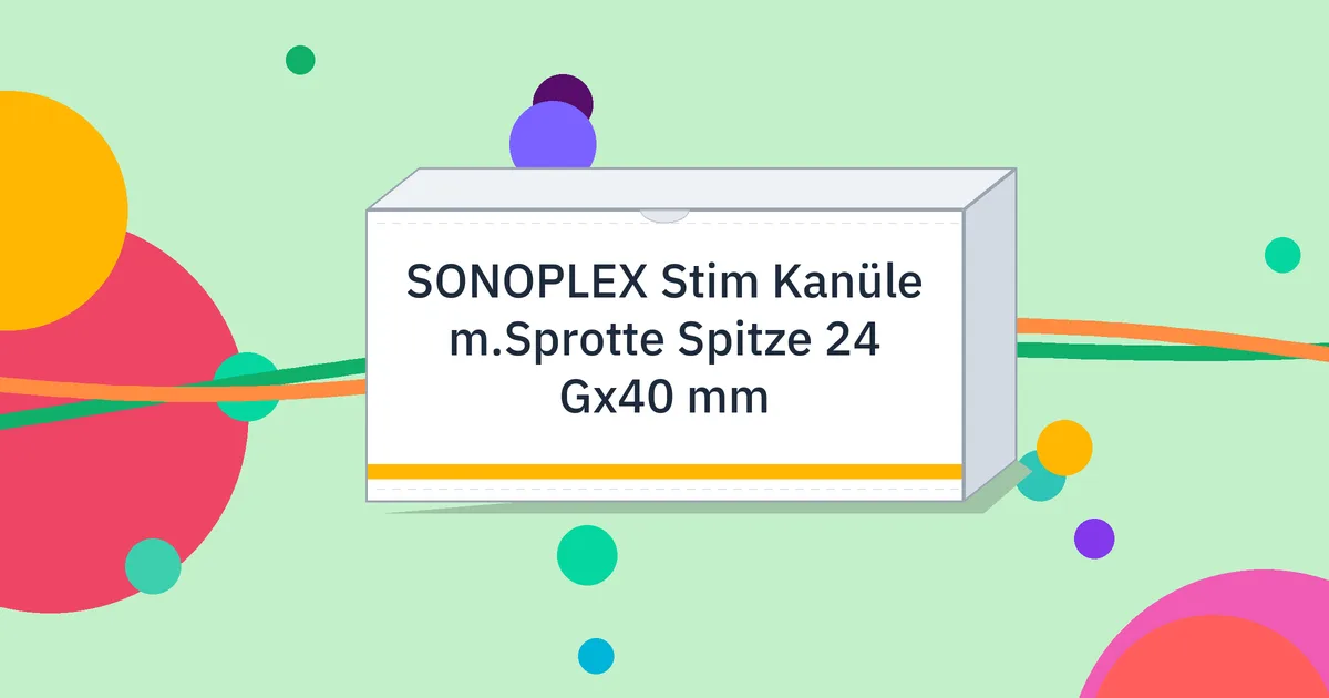 Symbolbild: Packung mit der Aufschrift SONOPLEX Stim Kanüle m.Sprotte Spitze 24 Gx40 mm (PZN 03943914) – Verfügbarkeit und Bezug in Apotheken in Frankfurt am Main
