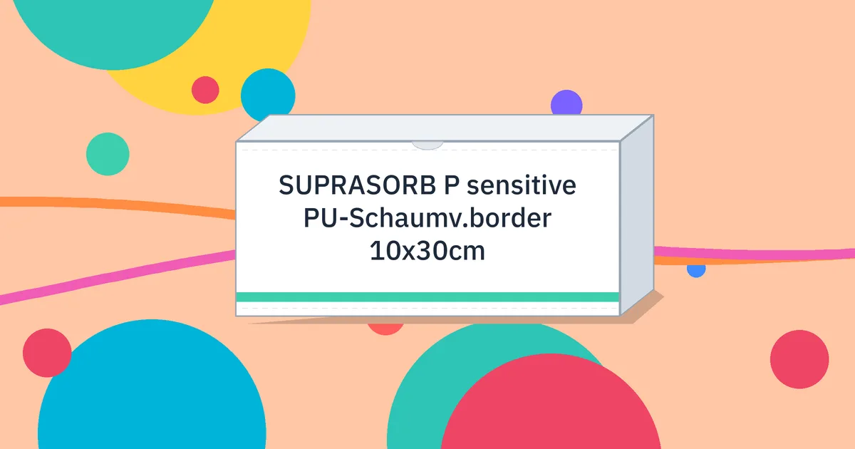 Symbolbild: Packung mit der Aufschrift SUPRASORB P sensitive PU-Schaumv.border 10x30cm (PZN 19768637) – Verfügbarkeit und Bezug in Apotheken in Frankfurt am Main