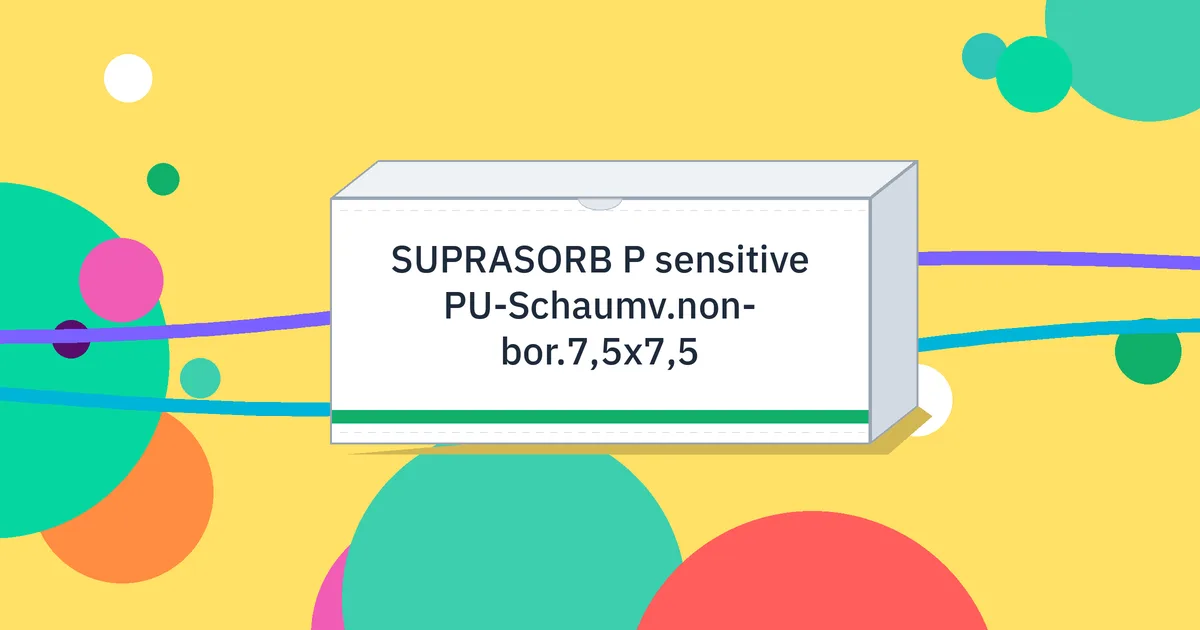 Symbolbild: Packung mit der Aufschrift SUPRASORB P sensitive PU-Schaumv.non-bor.7,5x7,5 (PZN 19763321) – Verfügbarkeit und Bezug in Apotheken in Frankfurt am Main