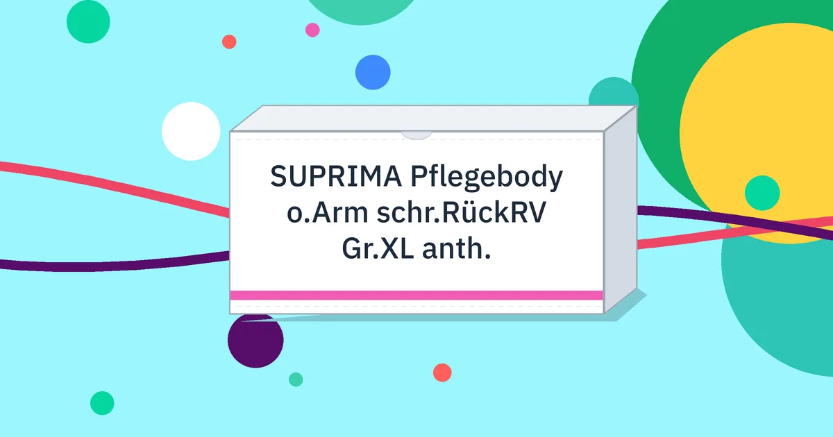 Symbolbild: Packung mit der Aufschrift SUPRIMA Pflegebody o.Arm schr.RückRV Gr.XL anth. (PZN 10710949) – Verfügbarkeit und Bezug in Apotheken in Frankfurt am Main