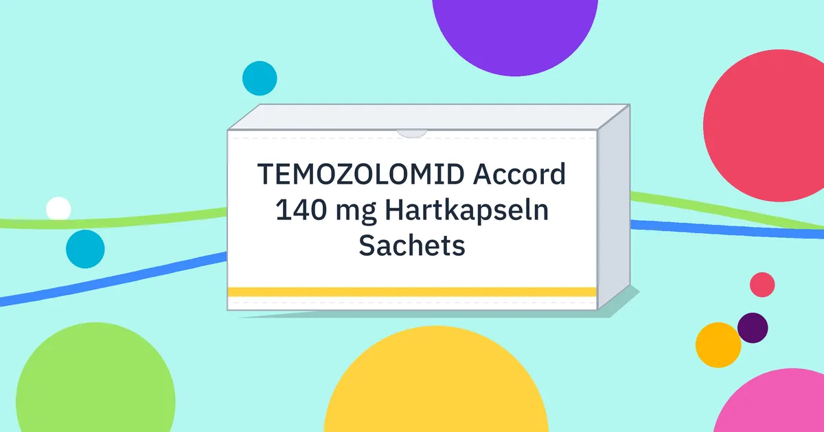 Symbolbild: Packung mit der Aufschrift TEMOZOLOMID Accord 140 mg Hartkapseln Sachets (PZN 16245293) – Verfügbarkeit und Bezug in Apotheken in Frankfurt am Main