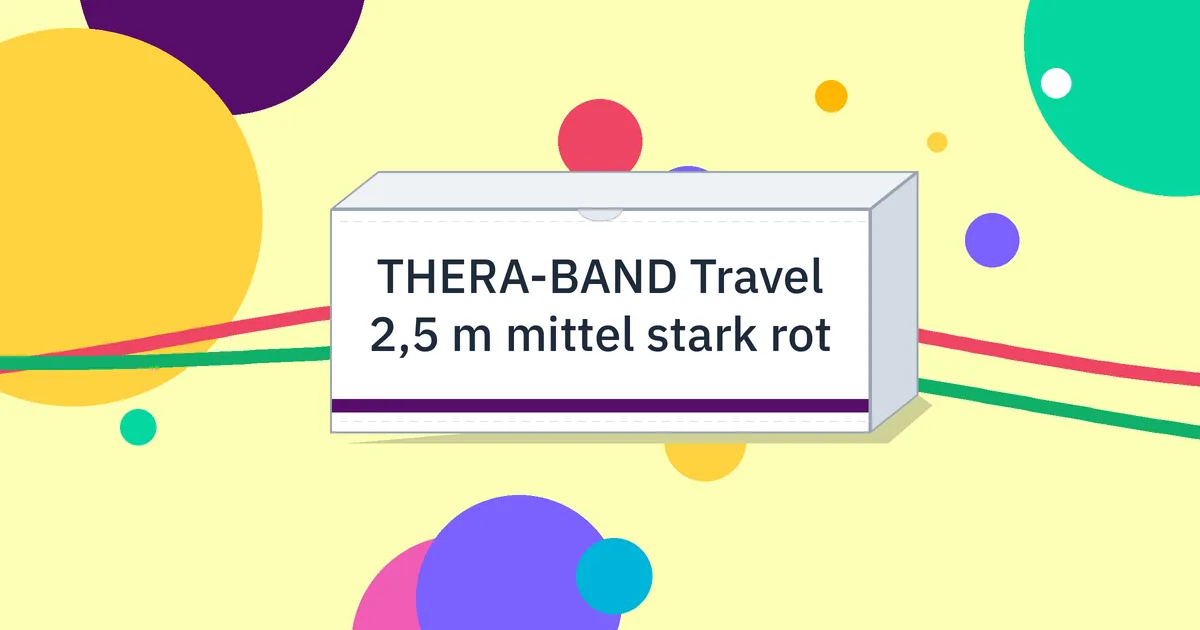 Symbolbild: Packung mit der Aufschrift THERA-BAND Travel 2,5 m mittel stark rot (PZN 00224254) – Verfügbarkeit und Bezug in Apotheken in Frankfurt am Main