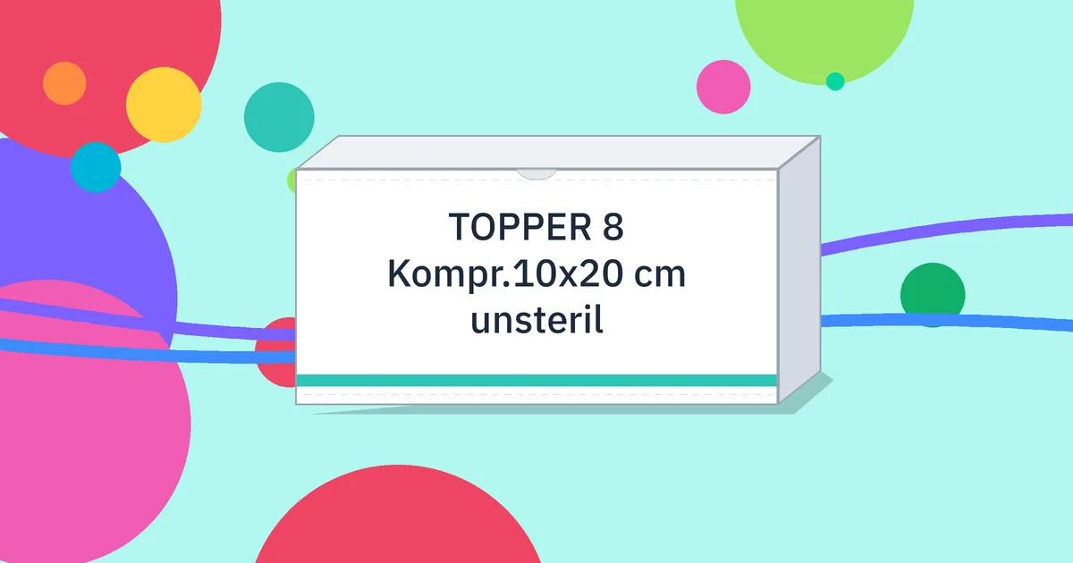 Symbolbild: Packung mit der Aufschrift TOPPER 8 Kompr.10x20 cm unsteril (PZN 03306892) – Verfügbarkeit und Bezug in Apotheken in Frankfurt am Main