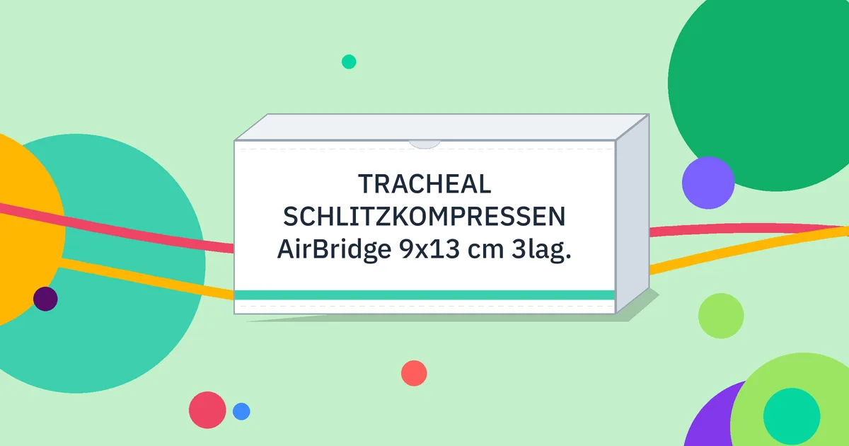 Symbolbild: Packung mit der Aufschrift TRACHEAL SCHLITZKOMPRESSEN AirBridge 9x13 cm 3lag. (PZN 07008766) – Verfügbarkeit und Bezug in Apotheken in Frankfurt am Main