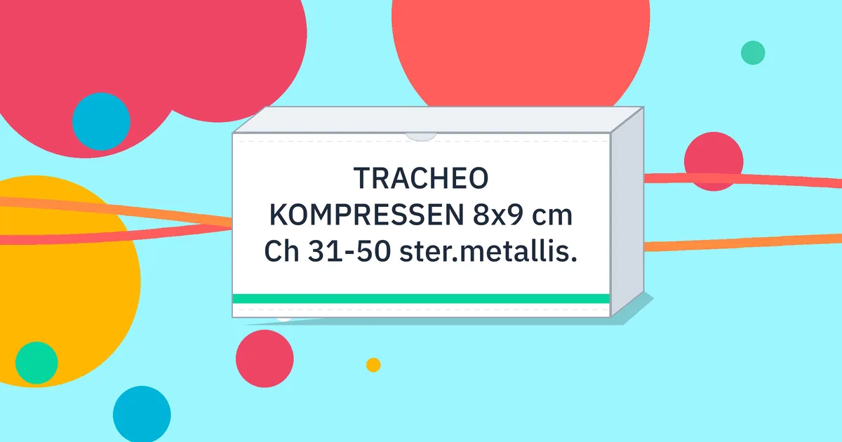 Symbolbild: Packung mit der Aufschrift TRACHEO KOMPRESSEN 8x9 cm Ch 31-50 ster.metallis. (PZN 11058675) – Verfügbarkeit und Bezug in Apotheken in Frankfurt am Main
